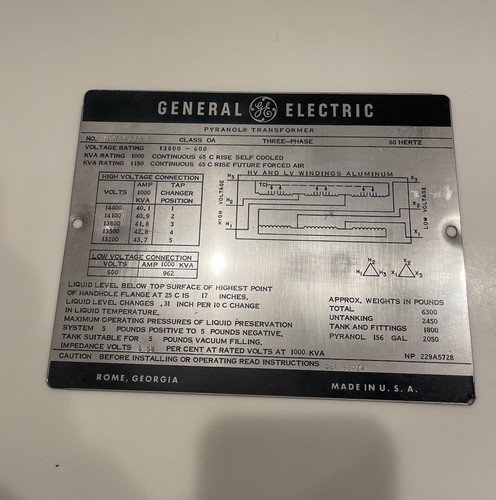 General Electric Pyranol Transformer Data Plate Information Tag ...