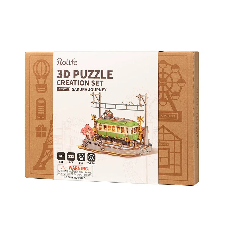 Rolife Sakura Journey Tram Car 3D Wooden Puzzle Model Toys Decor Adult ...