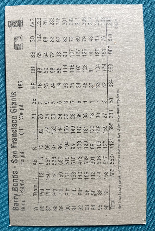Barry Bonds 1997 Wheaties All-Stars Pinnacle Hand Cut San Francisco ...