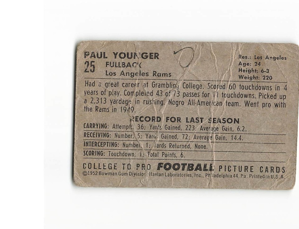 1952 BOWMAN SMALL FOOTBALL PAUL TANK YOUNGER #25 LOS ANGELES RAMS LOW ...