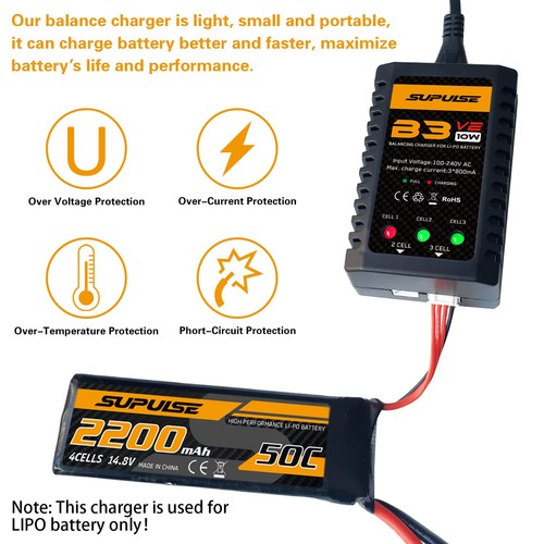SUPULSE LiPo Battery Charger 2S-3S RC Balance Charger AC 7.4-11.1V 10W ...