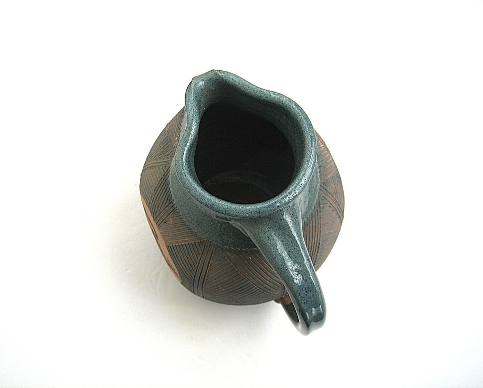 BARBARA CAMPBELL POTTERY PITCHER - INCISED TEXTURED 'TURKEY' DESIGNS ...