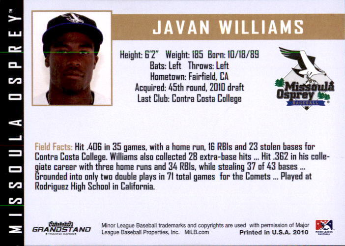 2010 Missoula Osprey Grandstand #38 Javan Williams Fairfield California ...