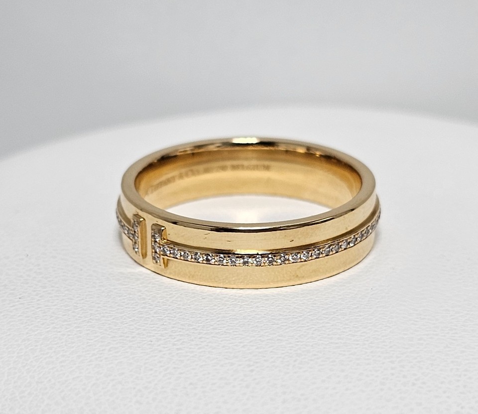 TIFFANY & CO. T Wide 18K Yellow Gold Diamond Rind Band 5.5mm Size 9 ...
