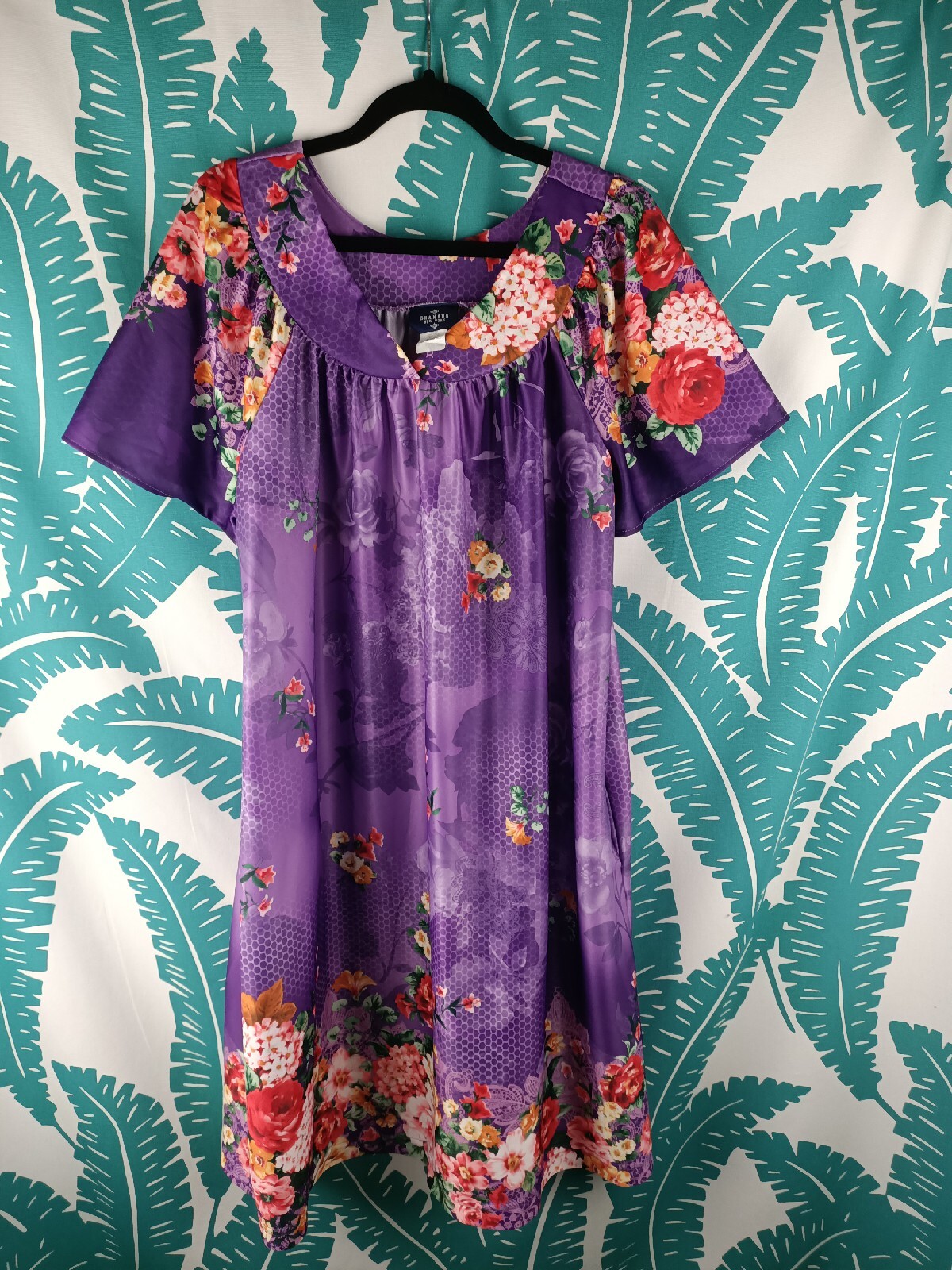 Vintage Granada Dress M Purple Knee Length Floral Mumu Patio House ...