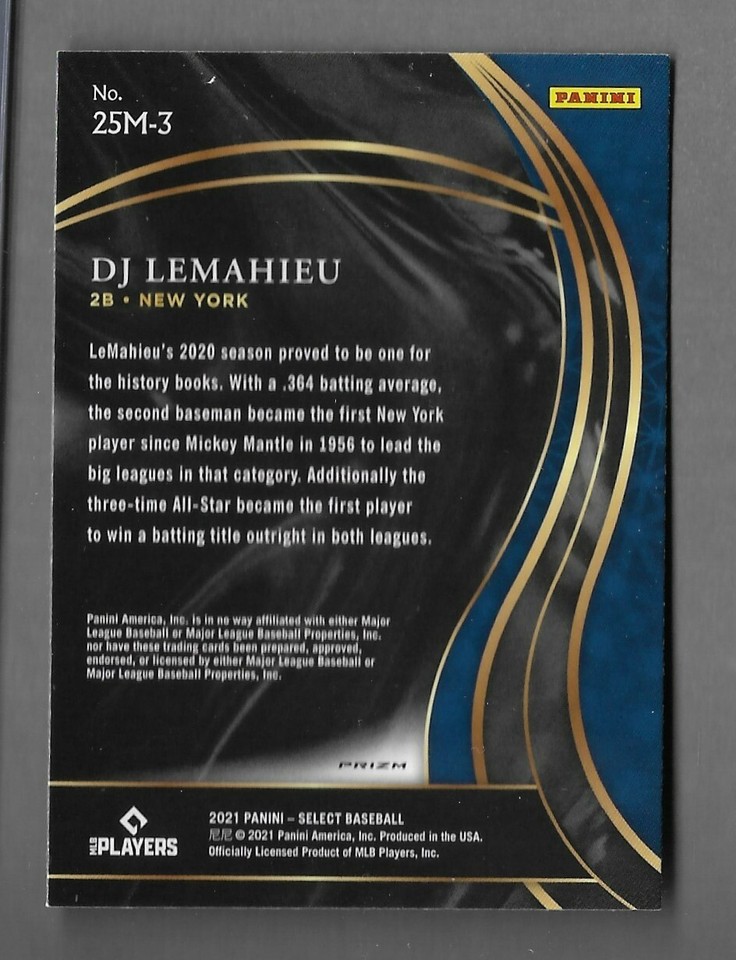 DJ LEMAHIEU 2021 SELECT BASEBALL 25 MAN PRIZM INSERT CARD #25M-3 ...