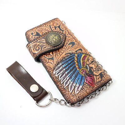 Indian Chief Carved Wallet Handmade Cowboy Wallet Mens Bifold Wallet ...