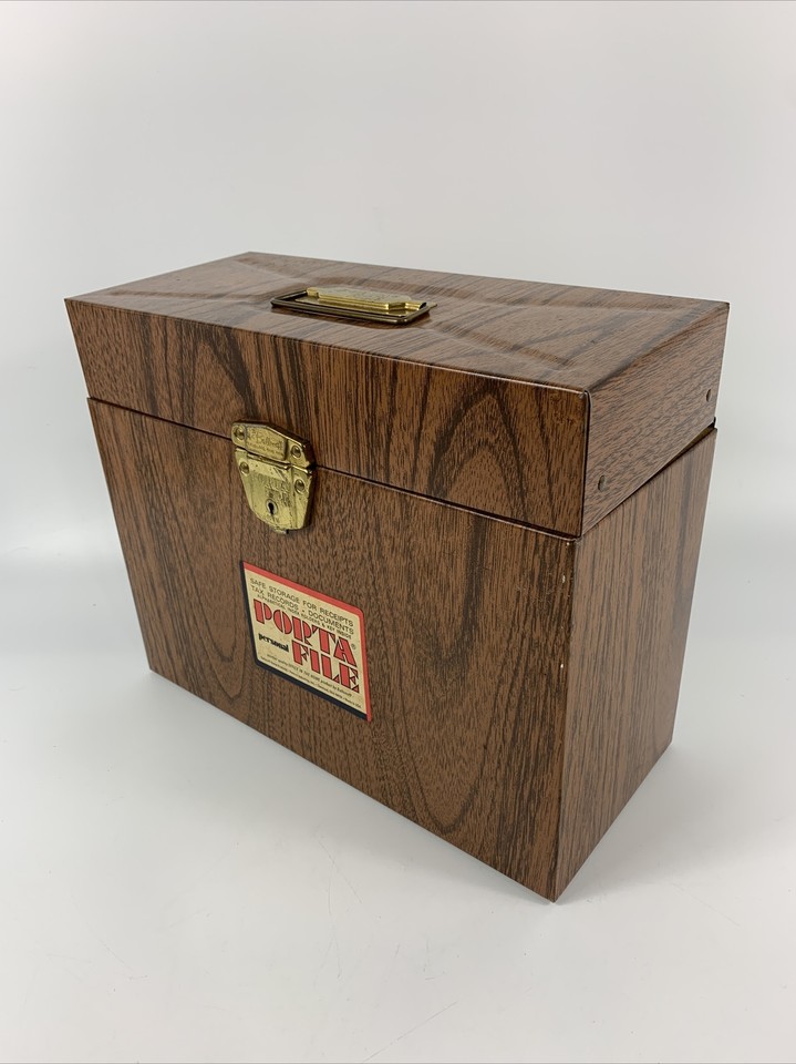 Vtg Porta File metal check file box Wood grain litho Mid century office ...