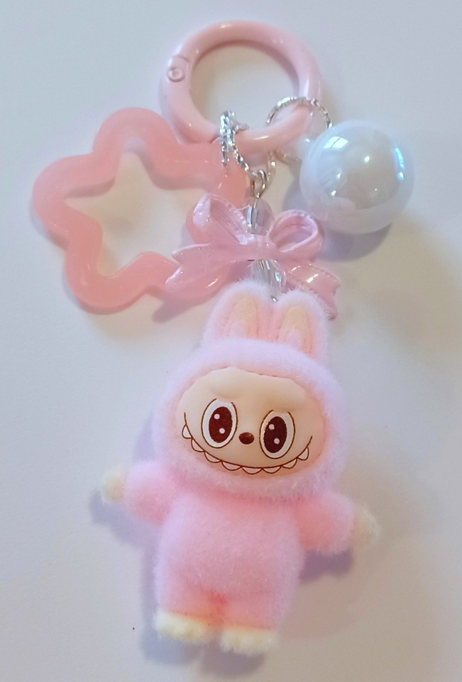 Too Cute! LABUBU PINK FURRY Keychain Key Ring Collectible Clip On Bag ...