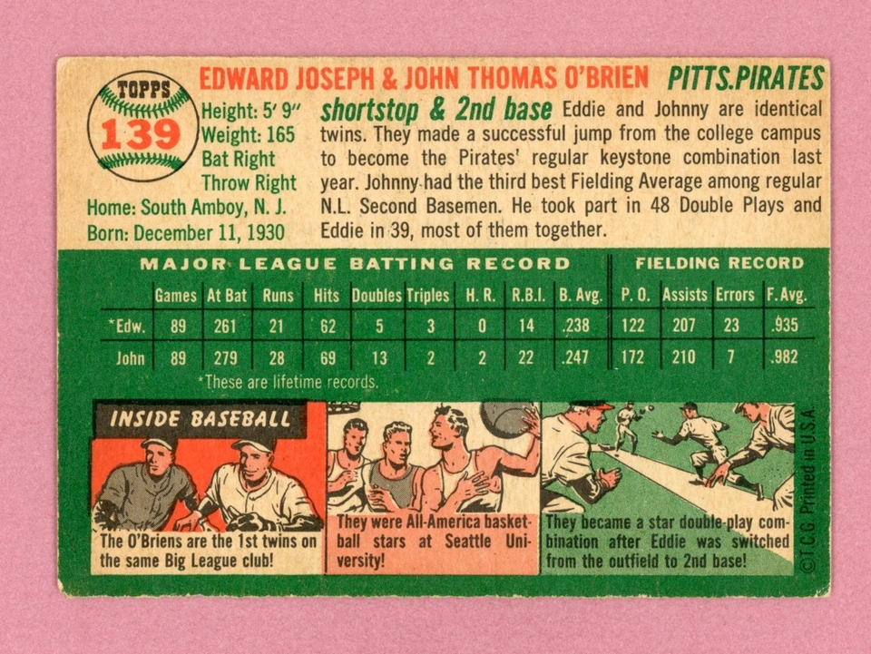 1954 Topps #139 Ed & John O'Brien Pittsburgh Pirates Baseball Card Vg ...