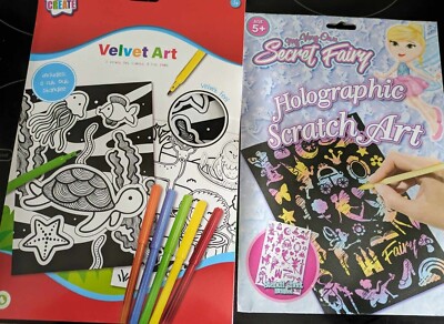 Velvet Colouring art 2 Sheets Felt Pens Sea Animals & Fairy Scratch Art ...