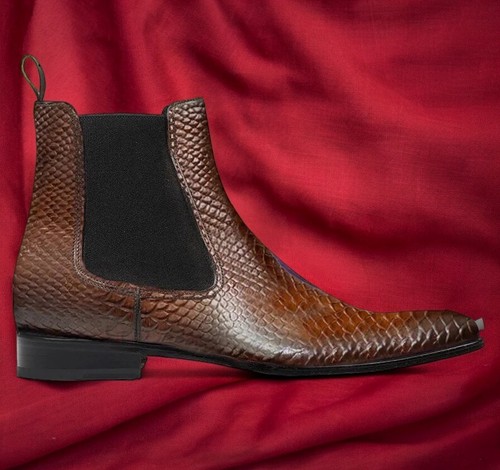 Handmade Python Textured Rust Color Genuine Cow-Hide Leather Chelsea ...