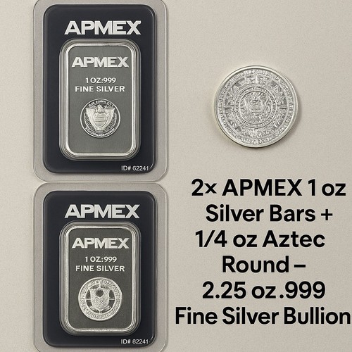 2 APMEX 1 oz Silver Bars + 1/4 oz Aztec Round 2.25 oz .999 Fine Silver ...
