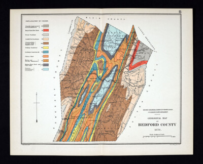1878 Pennsylvania Geology Map Bedford County Limestone Sandstone Shale ...