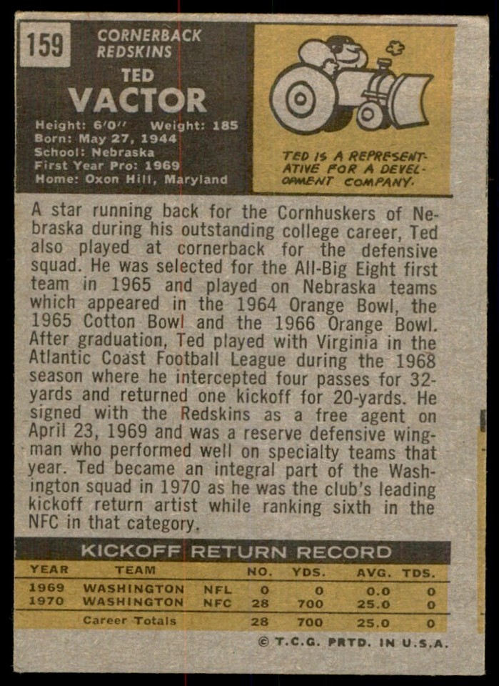 1971 TOPPS. TED VACTOR WASHINGTON REDSKINS #159 | eBay
