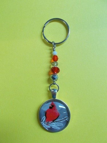 RED ROBIN GLASS DOME CABOCHON CHARM ON A CRYSTAL BEAD KEYRING # 45 ...