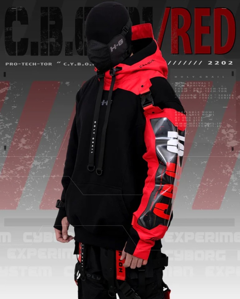 Men's Techwear Red Jacket Rugged fleece Pullover Hoodie Holygrail C.B.G ...