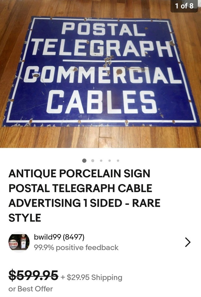 RARE PORCELAIN POSTAL TELEGRAPH ADVERTISING SIGN - 1 SIDED - 22" W x 32 ...