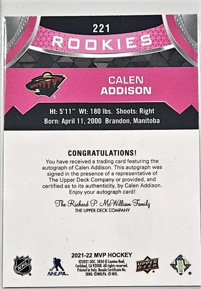 Calen Addison Magenta Rookies Auto - 2021-22 Upper Deck MVP | eBay