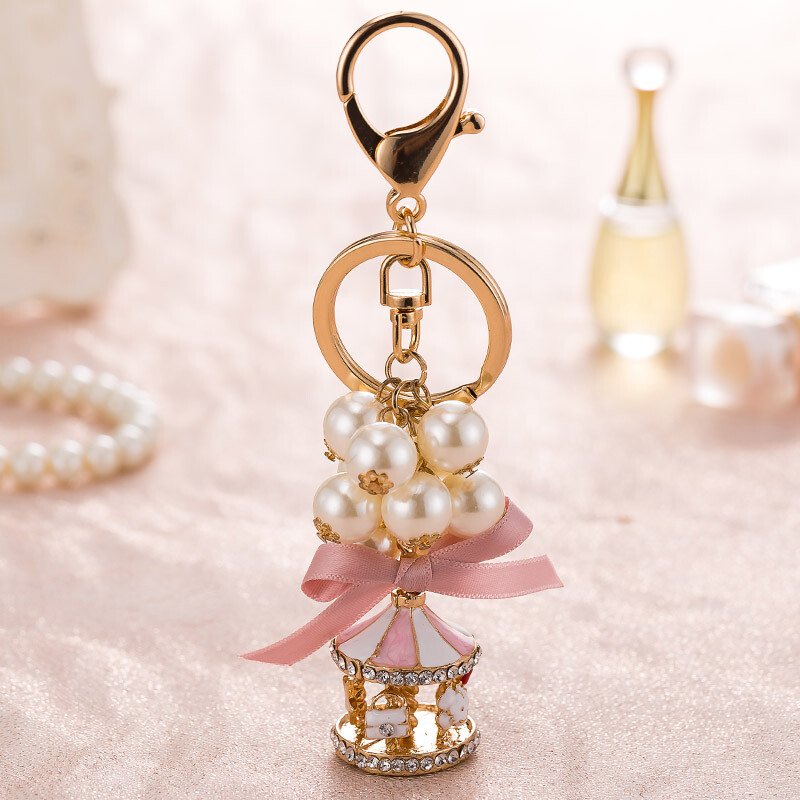 Pink/Blue/Black Carousel Keychain Womens Gold Car Key Ring White Pearl ...