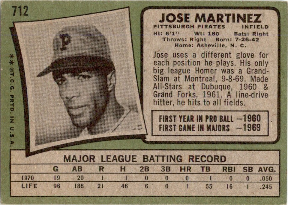 1971 TOPPS JOSE MARTINEZ PITTSBURGH PIRATES #712 EX SP HIGH # | eBay