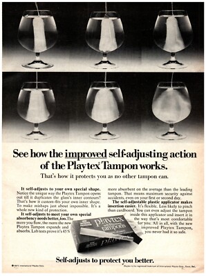 1971 Playtex Print Ad, See Tampon Work Dipped In Water Glasses ...