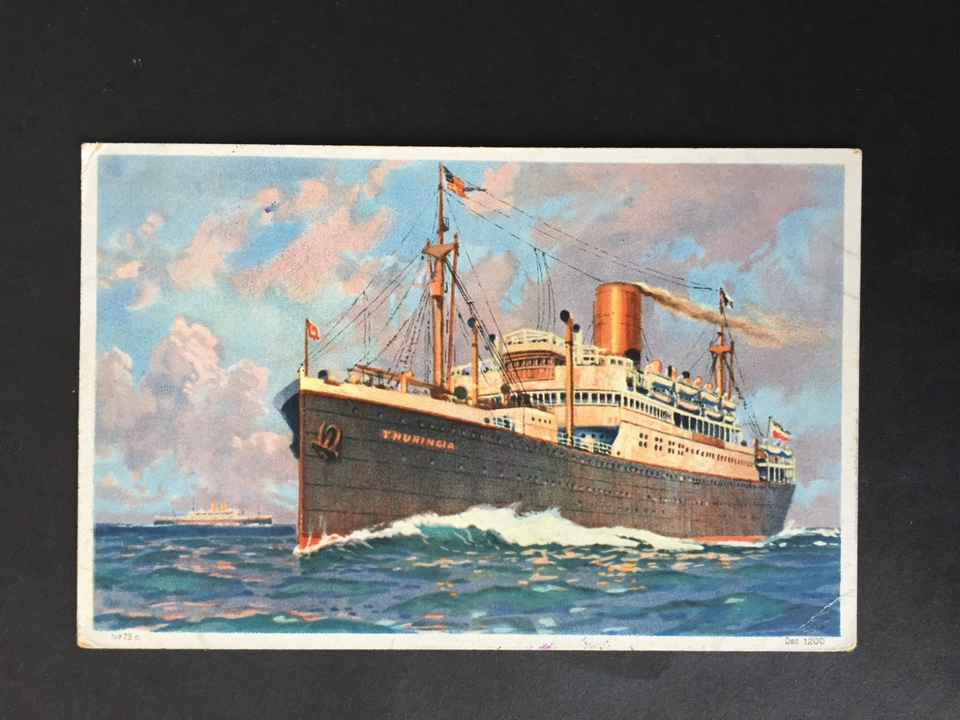 GERMANY 1925 5pf + 10pf ON "THURINGIA" POSTCARD SEEPOST POSTMARK TO USA ...