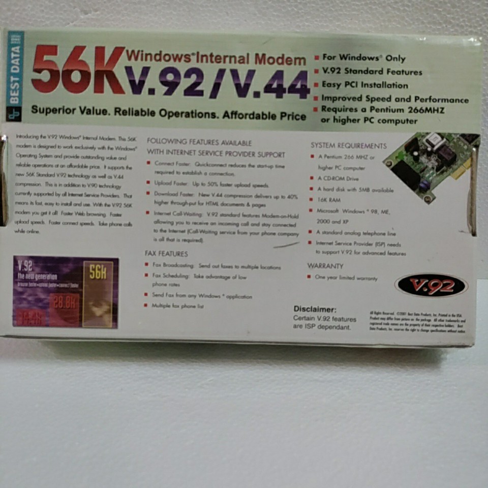 Vtg Best data windows internal modem 56K v.92/v.44 PCI Windows 98 ME ...