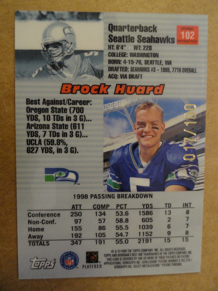 1999 BROCK HUARD BOWMAN'S BEST ATOMIC REFRACTOR #ERD /100 SEAHAWKS ...