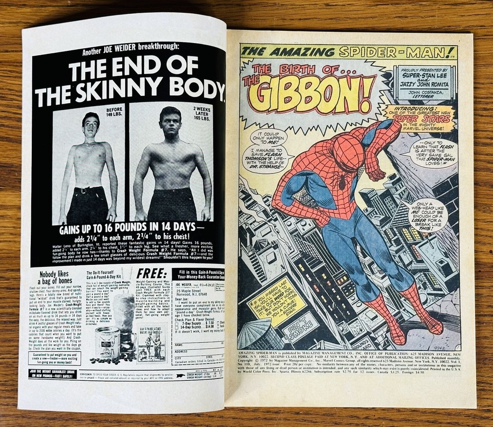 AMAZING SPIDER-MAN #110 1ST APPEARANCE OF THE GIBBON 1972 Marvel KRAVEN ...