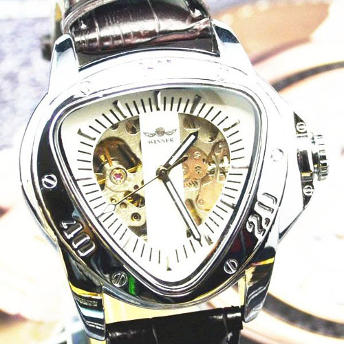 WINNER Automatic Stainless Steel Case Leather Strap Triangle Face ...