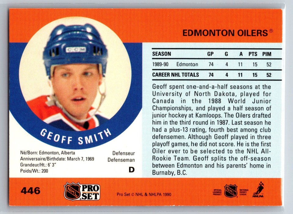 1990-91 NHL Pro Set Geoff Smith Rookie Edmonton Oilers RC #446 | eBay