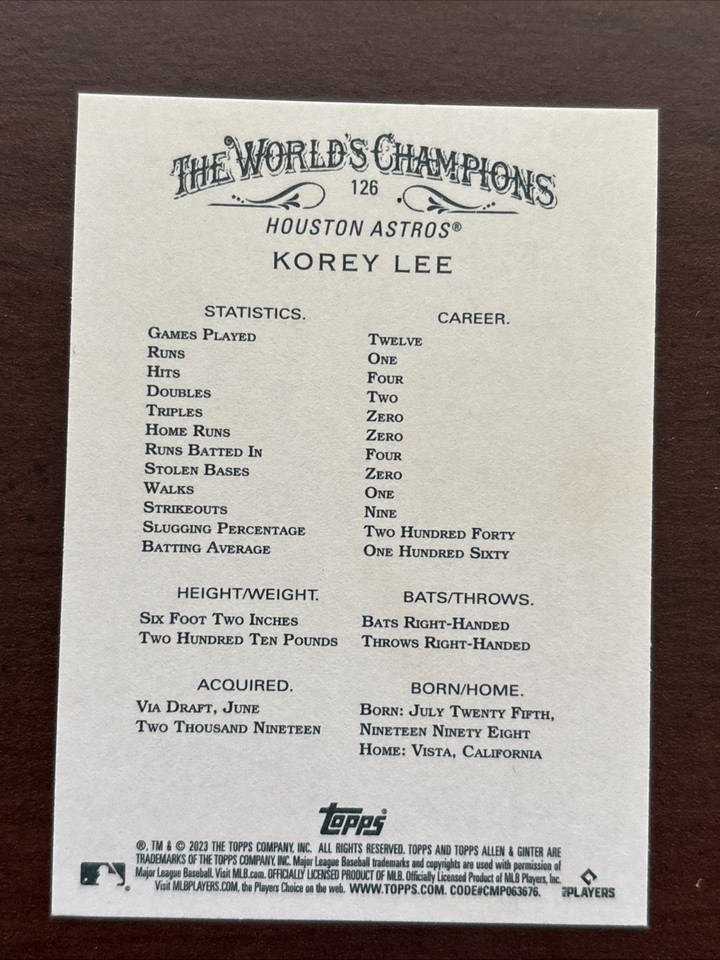 Korey Lee Houston Astros 2023 Topps Allen & Ginter Rookie Card 126 | eBay