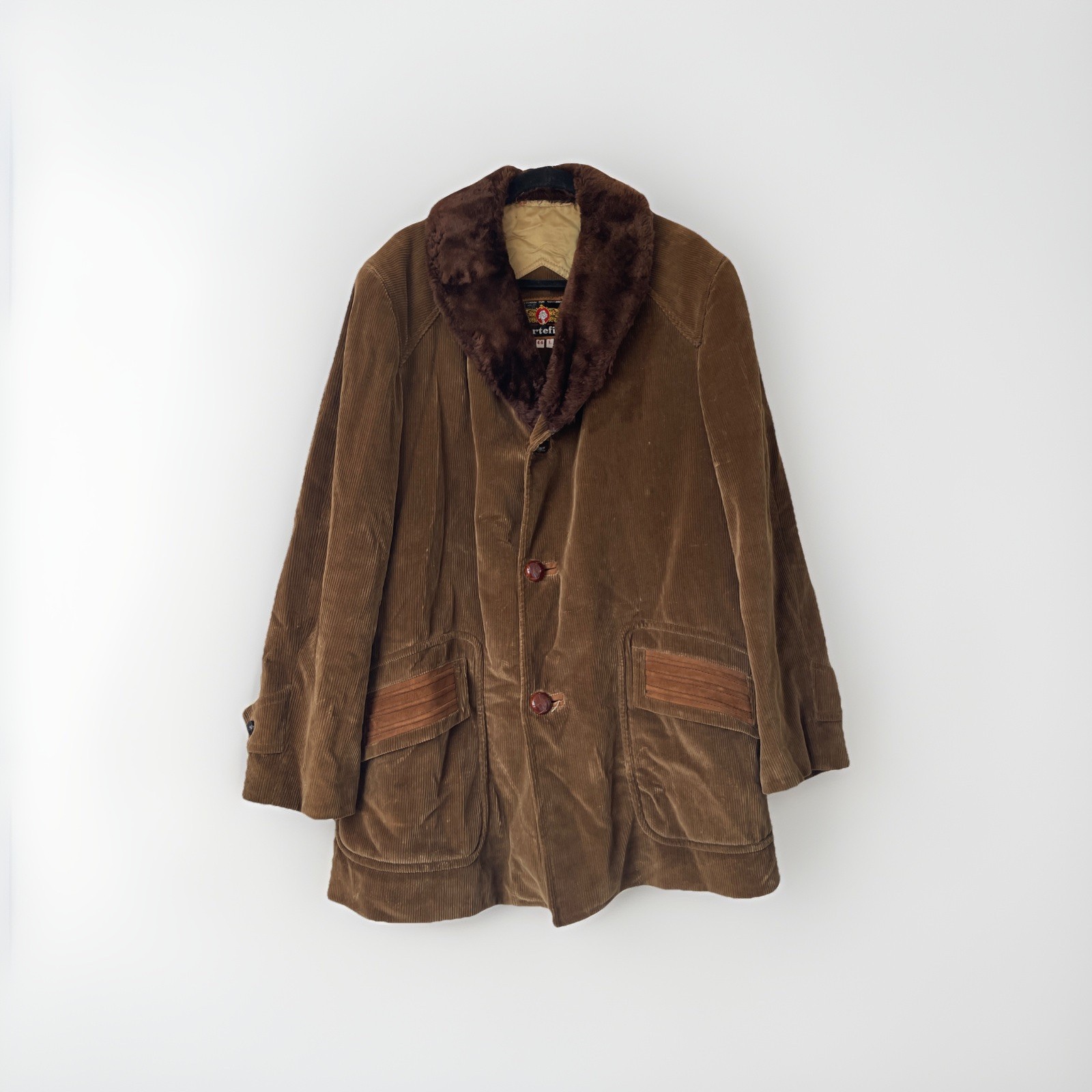Vintage Cortefiel Corduroy Coat Womens EU 44 US L Brown Faux Fur Collar ...