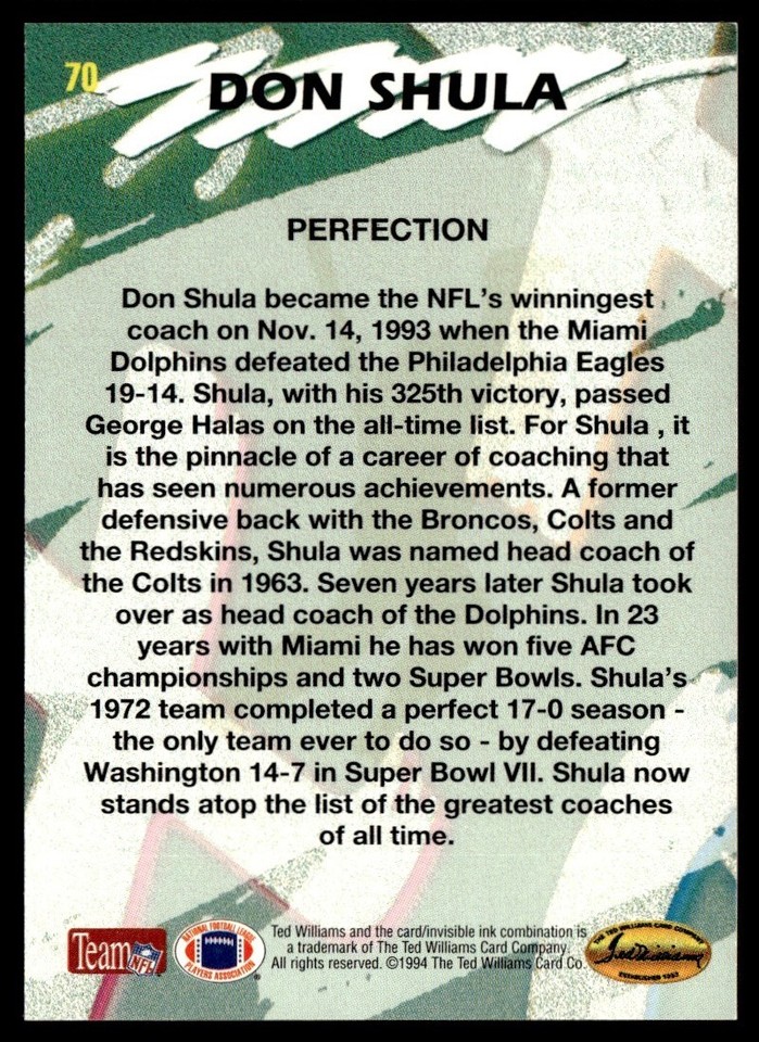 1994 Ted Williams Roger Staubach's NFL Don Shula Washington Redskins ...