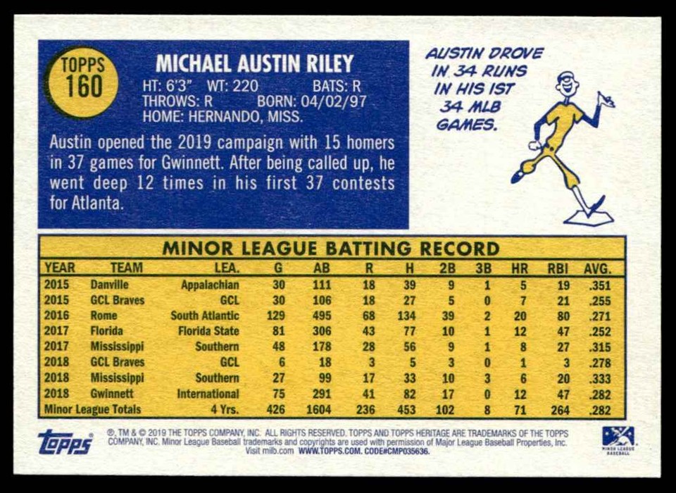 2019 Topps Heritage Minor League Austin Riley Gwinnett Stripers #160 | eBay