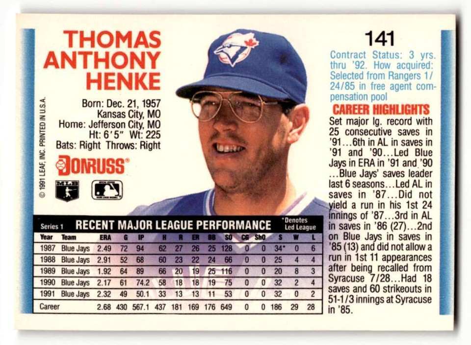 1992 Donruss #141 Tom Henke Toronto Blue Jays Baseball Cards EX/NM ID ...