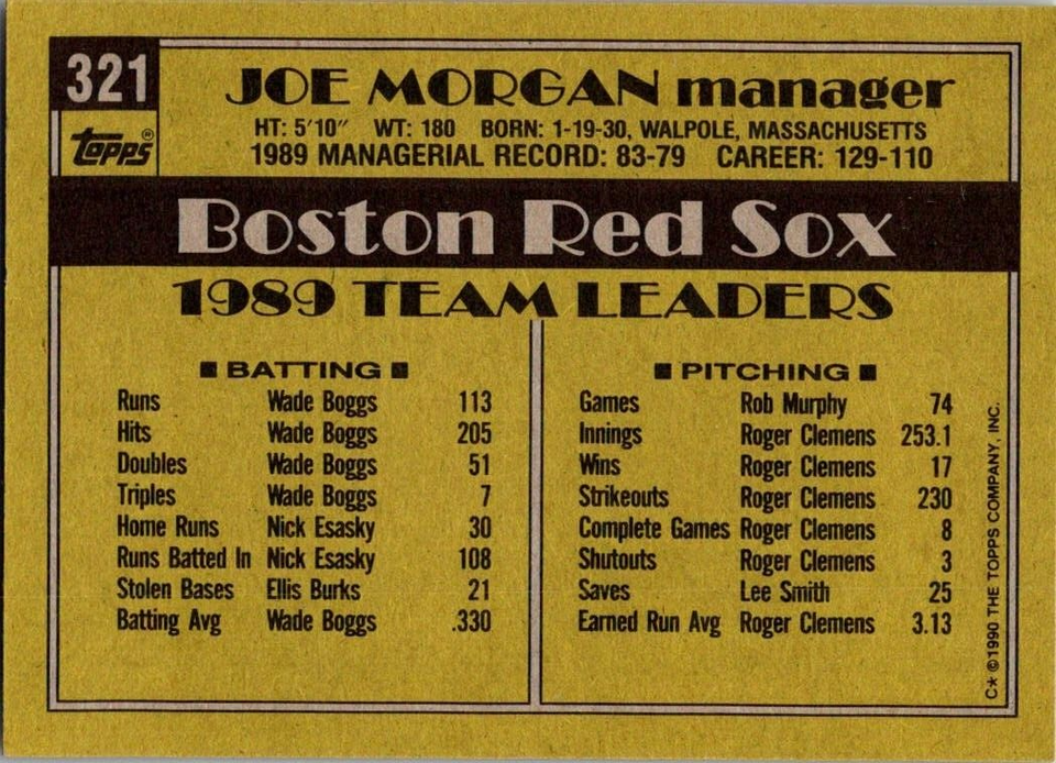 1990 Topps Joe Morgan #321 Boston Red Sox Manager Card Baseball | eBay
