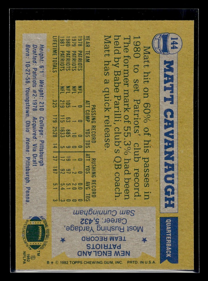 1982 Topps Football #144 Matt Cavanaugh "Set Break" Mint New England ...