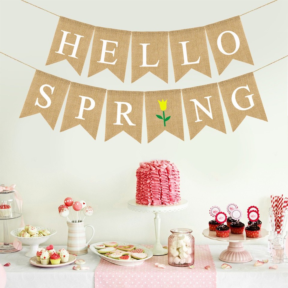 HELLO SPRING Letters Bunting Banner Decorative Colorful Linen Burlap ...