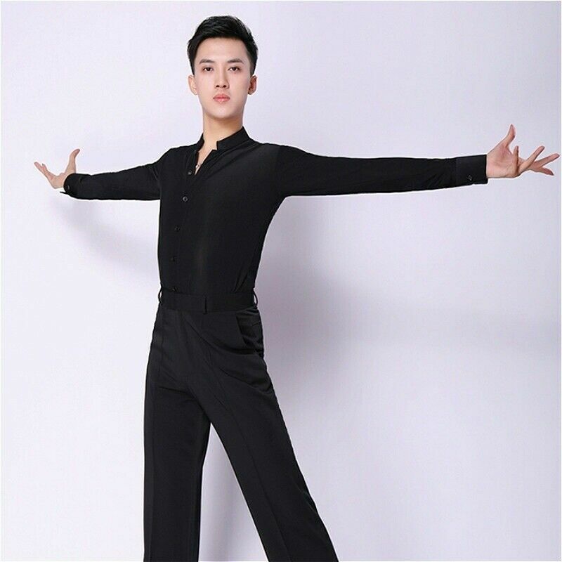 Men Latin Dance Shirt Top Ballroom Modern Salsa Stretch Long Sleeve ...