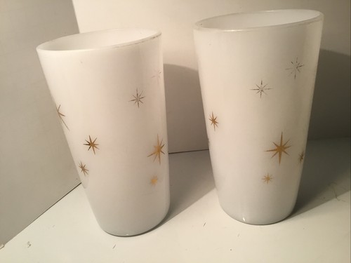 2 Vintage Atomic Starburst Milk Glass / Gold Star Tumbler Glasses Set ...