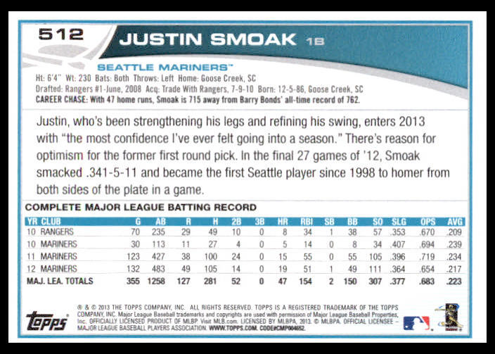 2013 Topps #512 Justin Smoak Seattle Mariners | eBay