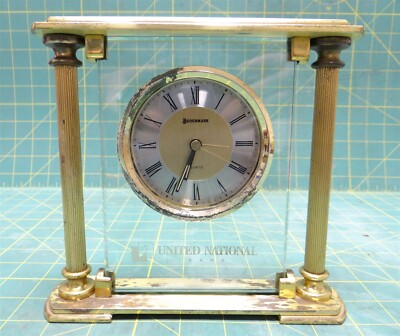 Brass & Glass "United National Bank" Quartz Benchmark Desk Clock 6.5"X7 ...