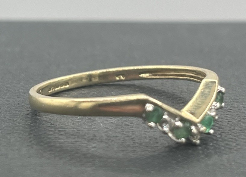 9ct Yellow Gold 0.12ct Emerald & 0.05ct Wishbone Ring, UK Size V, 1.8g ...