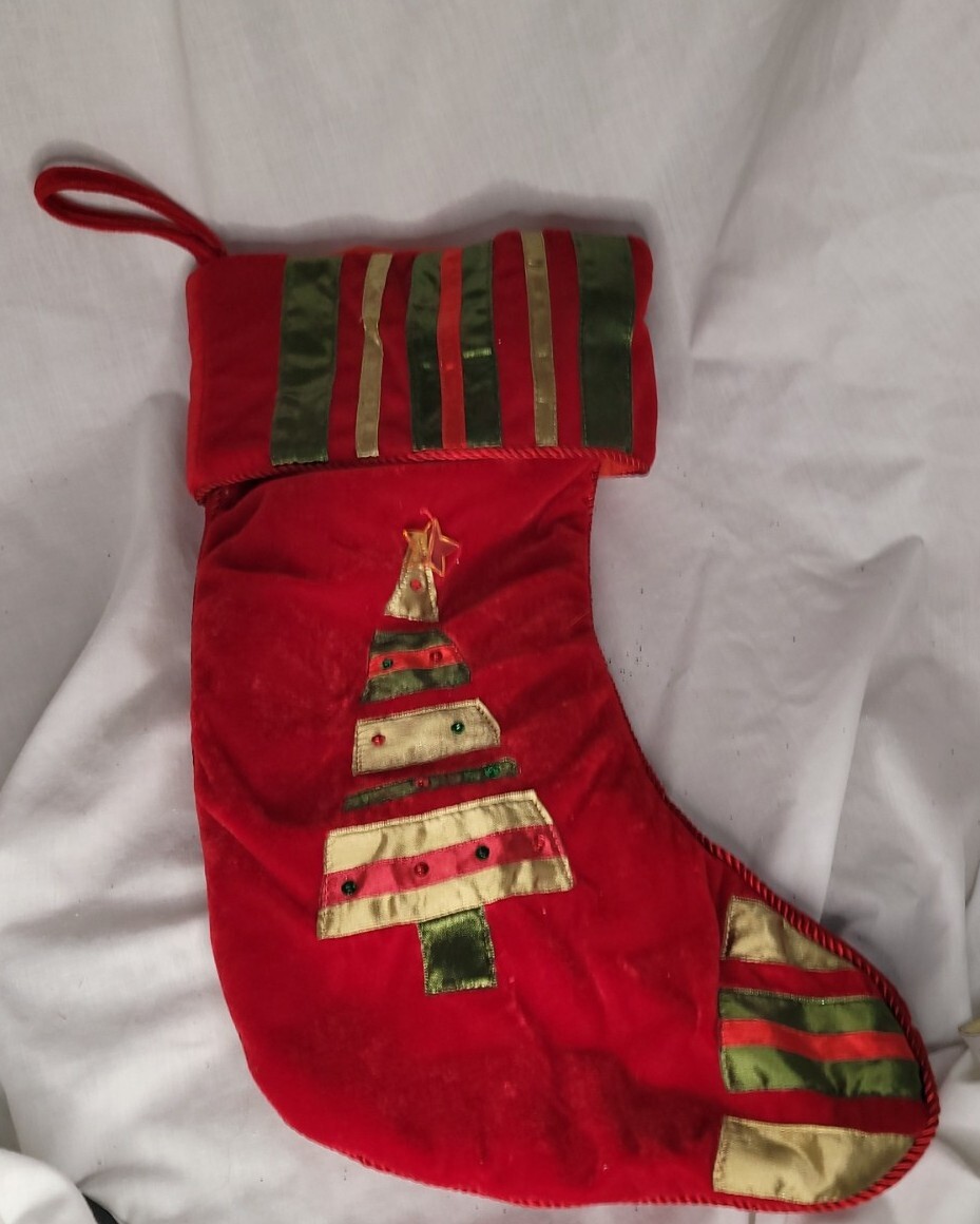 Velvet Red Stocking With Striped Tree And Star Button 16" Long | eBay
