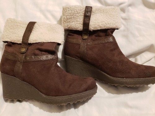 BONGO Brown Wedge Heel Pull On Fleece Cuff Extending Winter Boots Size ...