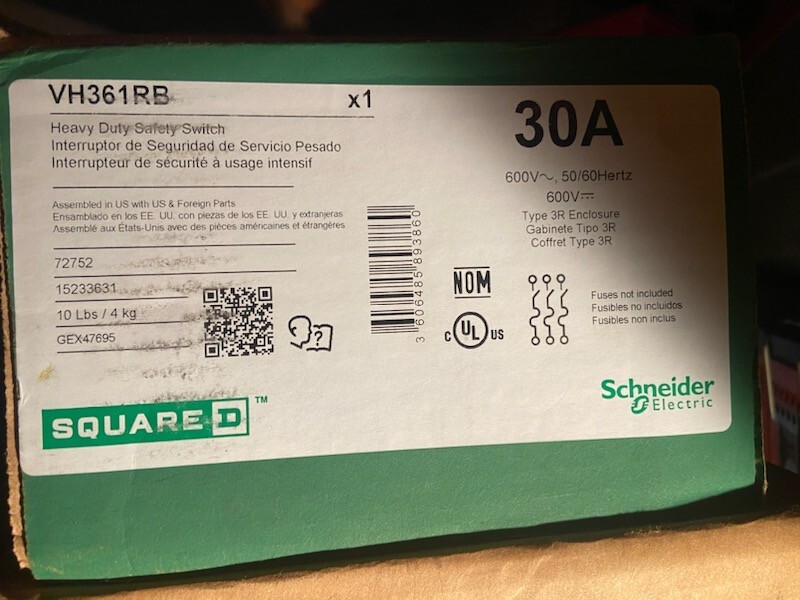 SQUARE D #VH361RB DISCONNECT 3Pole 30 amp 600 volts OUTDOOR SAFETY ...