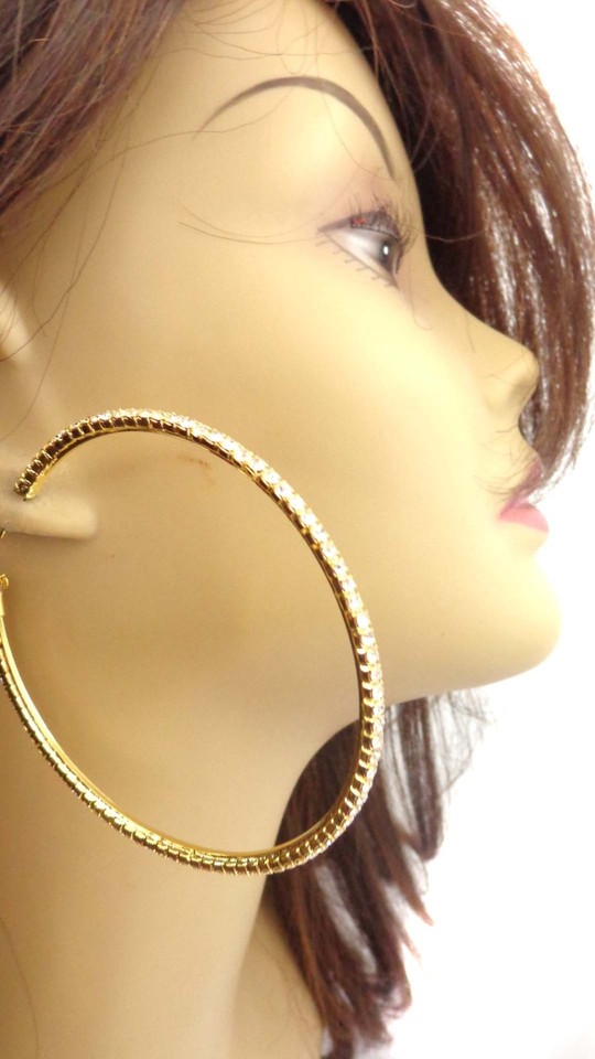RHINESTONE HOOP EARRINGS THIN HOOP EARRINGS GOLD TONE HOOPS CRYSTAL 3 ...