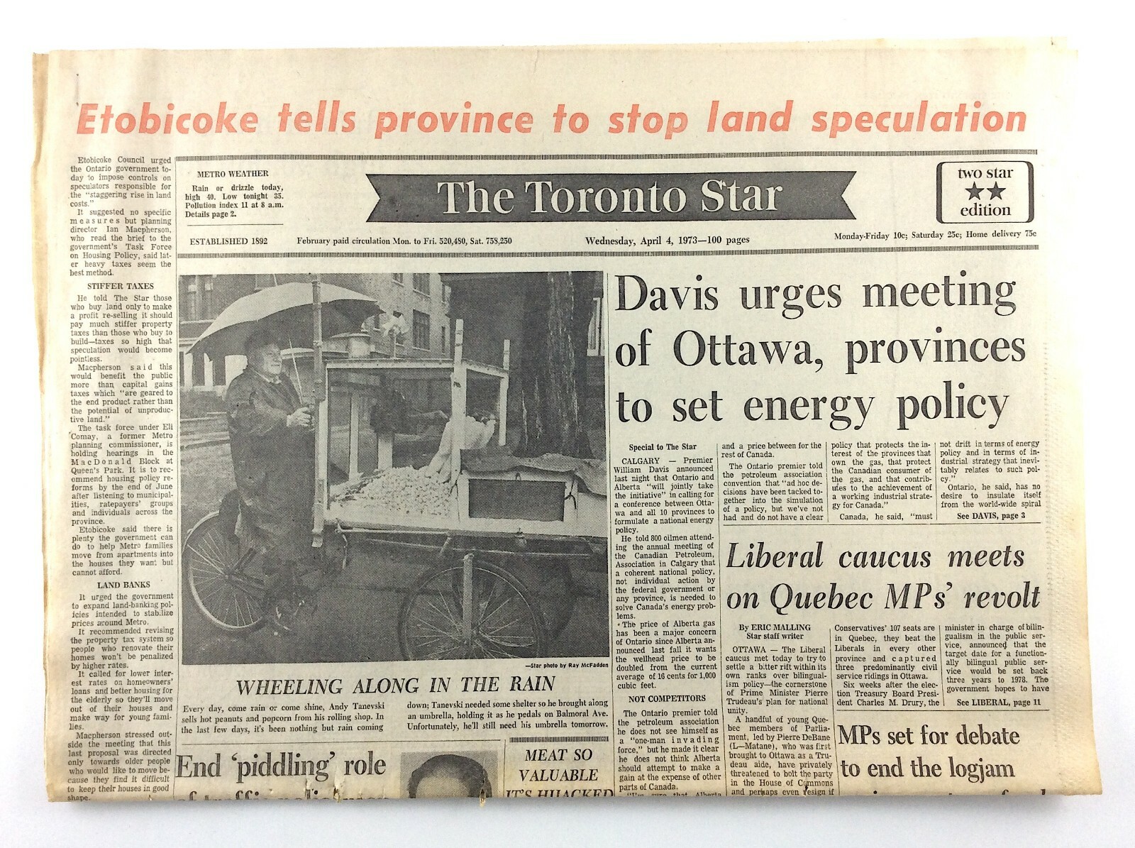 Vintage April 4 1973 Toronto Star Front Page Newspaper Land Speculation ...